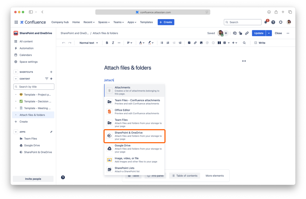 Attaching files and folders to pages